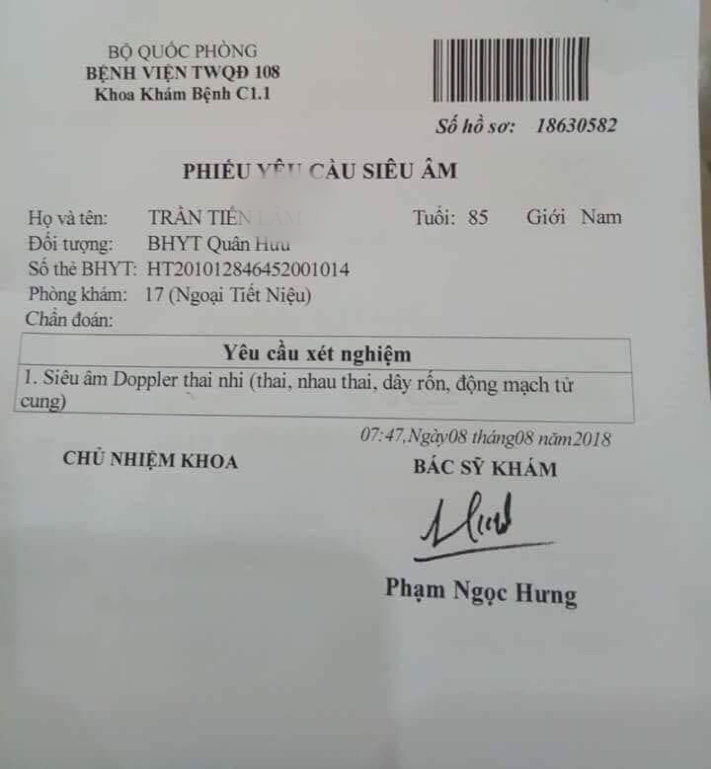 Vào Bệnh viện Quân đội 108 khám, cụ ông 85 tuổi được chỉ định siêu âm ...