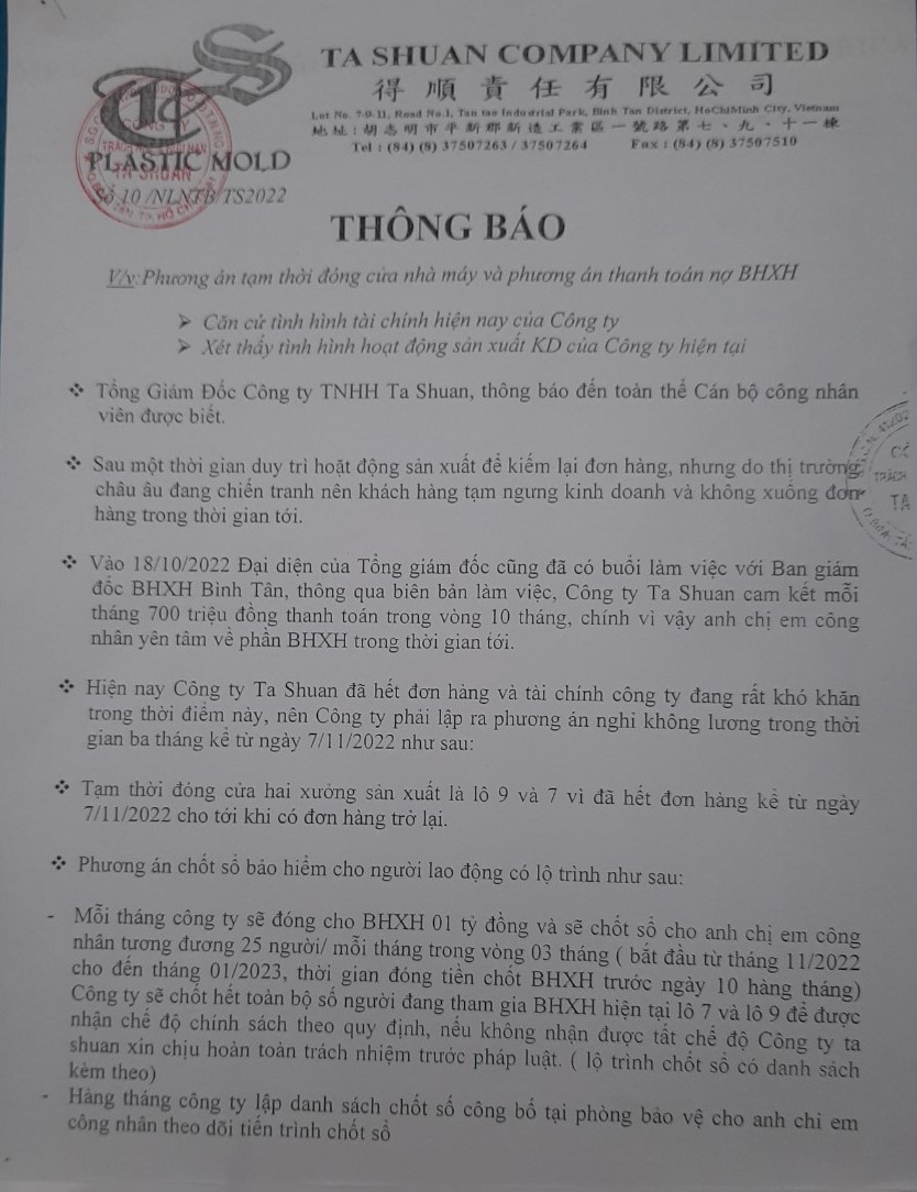 Công ty TNHH Tashuan cam kết giải quyết dứt điểm nợ BHXH