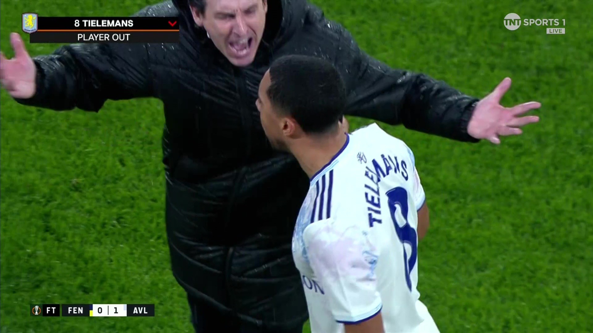 Shocking moment: Aston Villa manager shoves player right on the touchline.